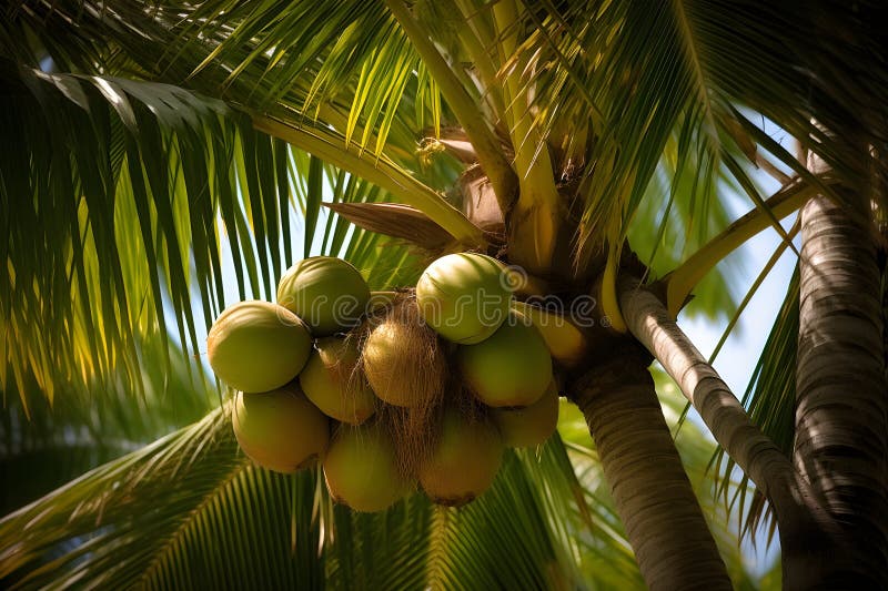 Exotic Harvest Clusters of Coco Nuts Dangling from Palm Tree Branches ...
