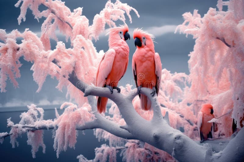 Exotic Jungle Birds Perched on a Tree, Captured in Infrared Stock Image ...