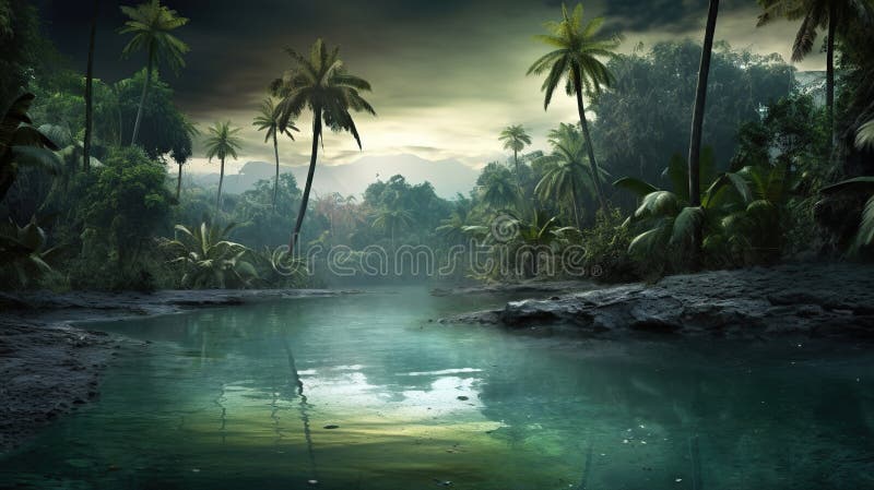 Exotic Landscape, Palm Trees Mountains. Generative AI Stock ...