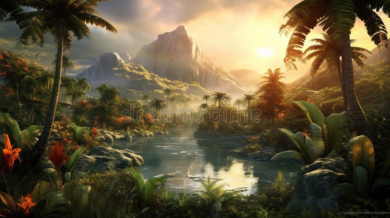 Exotic Landscape, Palm Trees Mountains. Generative AI Stock ...