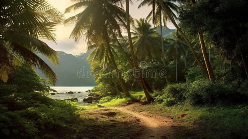 Exotic Landscape, Palm Trees Mountains. Generative AI Stock ...