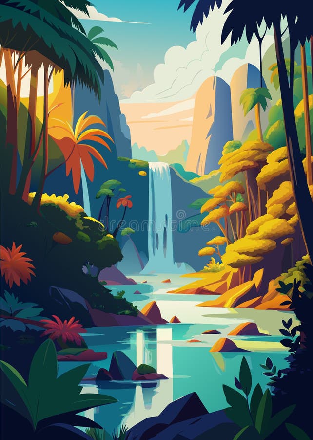 Exotic Landscape with Waterfall and Dense Tropical Forest Stock ...