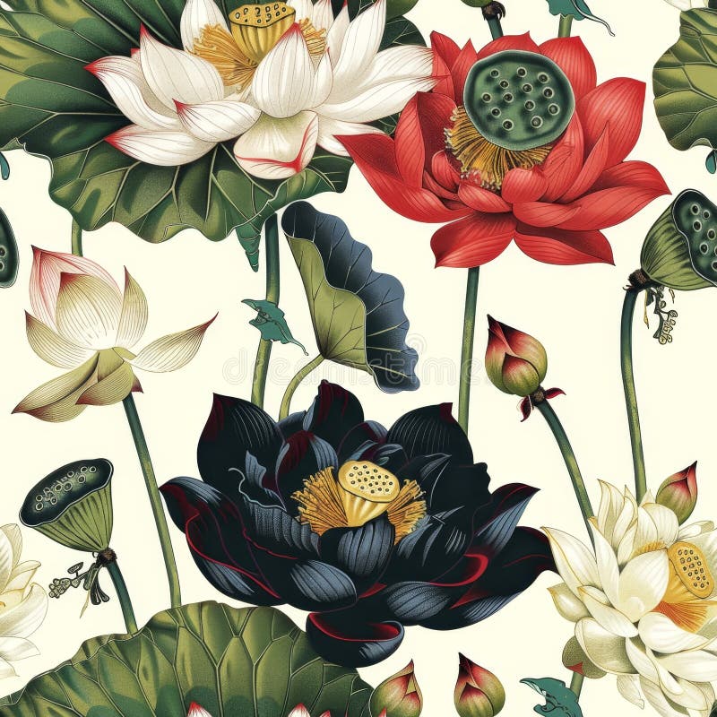 Exotic Lotus Blossoms and Pads Seamless Pattern Illustration Stock ...