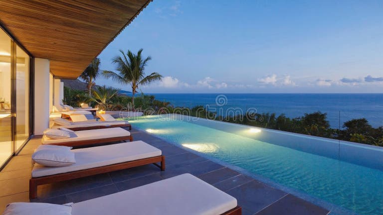 Exotic Luxury Ocean View Poolside Villa Stock Photo - Image of sunset ...