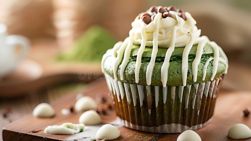 Exotic Matcha Green Tea Cupcake with White Chocolate Drizle Stock Photo ...