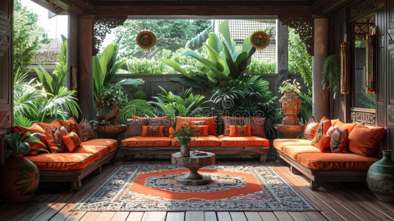 Exotic Outdoor Lounge with Lush Greenery - Generative Ai Stock ...