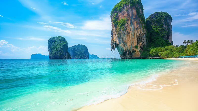 Exotic Paradise Beach with Dramatic Rock Formations Stock Illustration ...