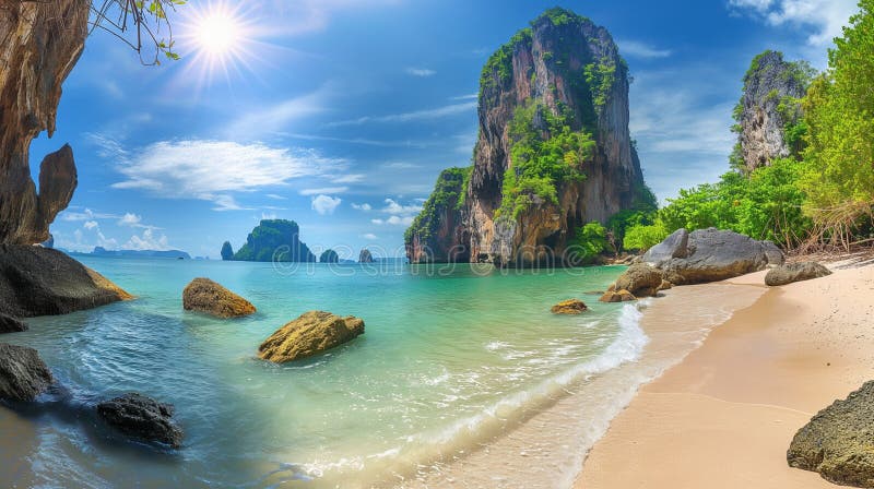 Exotic Paradise Beach with Dramatic Rock Formations Stock Illustration ...