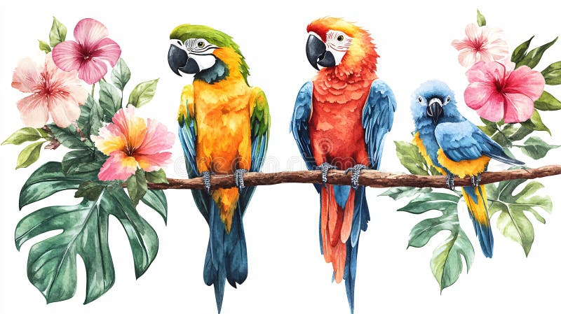Exotic Parrot Bird Perched on Tropical Flowers in Vibrant Collection of ...