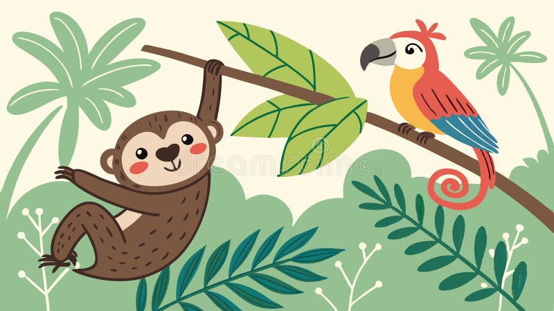 Exotic Parrot and Monkey on a Leafy Jungle Branch. Vector Design ...