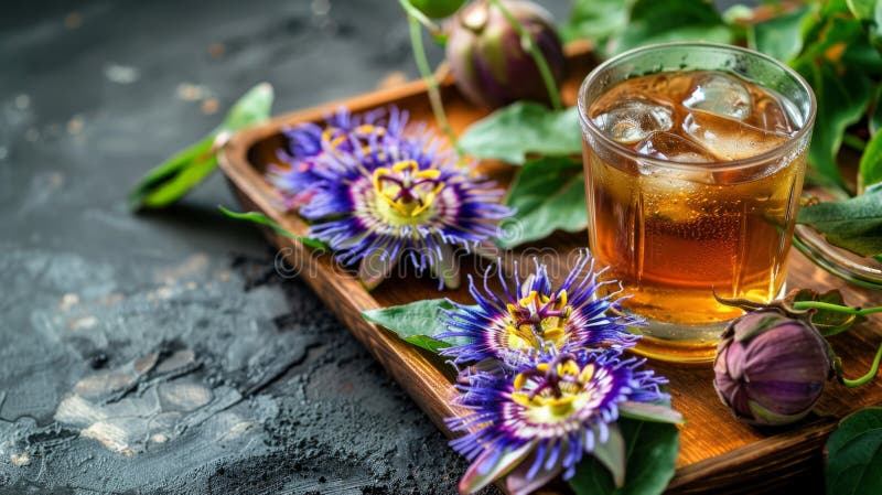Exotic Passion Flower Tea with Ice on Rustic Tray Stock Image - Image ...