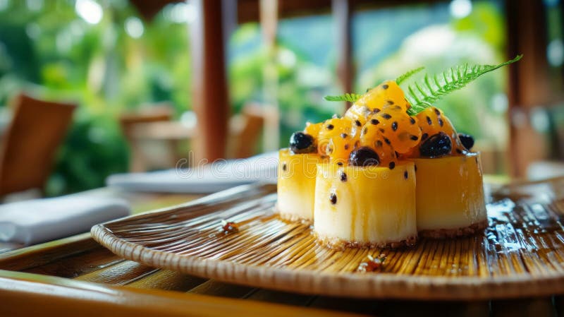 Exotic Passion Fruit and Mango Dessert on Bamboo Plate Stock Illustration - Illustration of ...