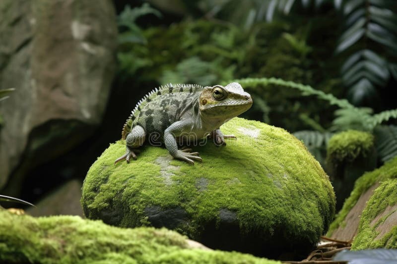 Exotic Pet with Moss-covered Rock in Natural Forest Setting Stock ...