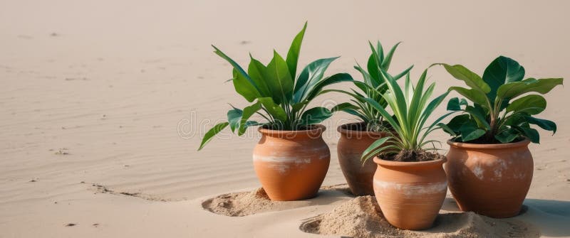 Exotic Plants Growing in Terracotta Pots on a Sandy Beach Stock Image ...