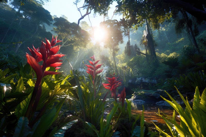 Exotic Rainforest Flowers Opening Up at Sunrise Stock Illustration ...