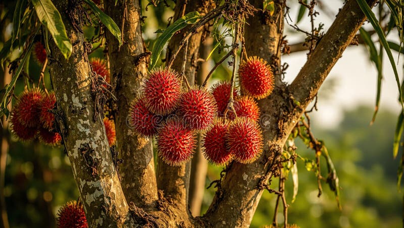 Exotic Rambutan Tree with Red Fruits Glowing in Evening Light Stock ...