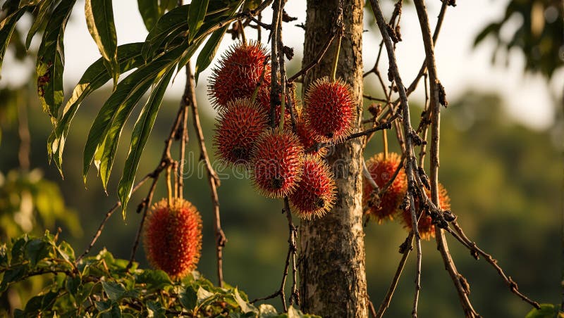 Exotic Rambutan Tree with Red Fruits Glowing in Evening Light Stock ...