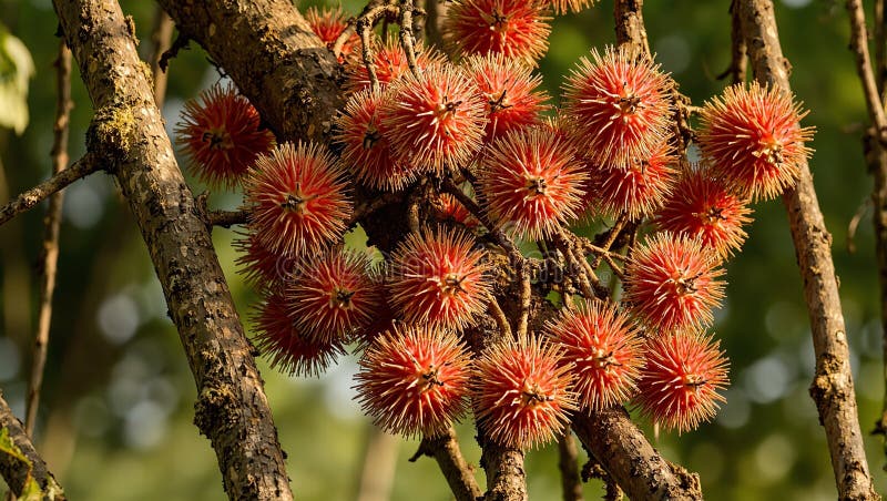 Exotic Rambutan Tree with Red Fruits Glowing in Evening Light Stock ...