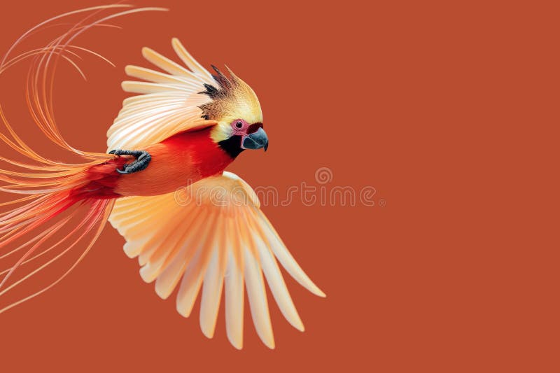 Exotic Red Bird Flying with Wide Open Wings on Red Background Stock ...