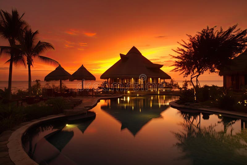 Exotic Resort, with Picturesque Views of the Sun Setting Over the Ocean ...