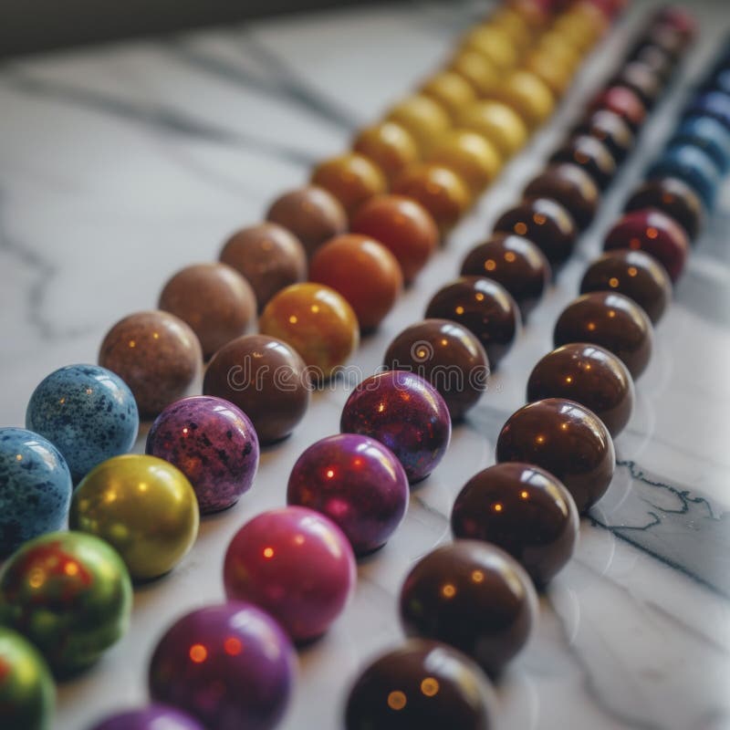 Exotic Rows of Multi-colored Balls of Chocolate Treats on a Marble ...
