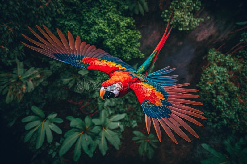 Exotic Scarlet Macaw in Full Flight, Surrounded by Tropical Jungle ...