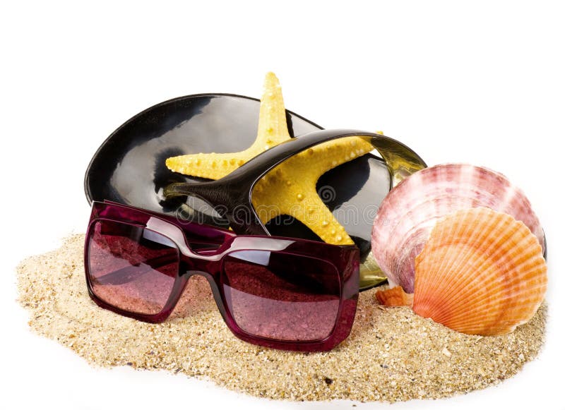 Exotic Shell, Shoe And Glasses On Sand Stock Image - Image of nature ...
