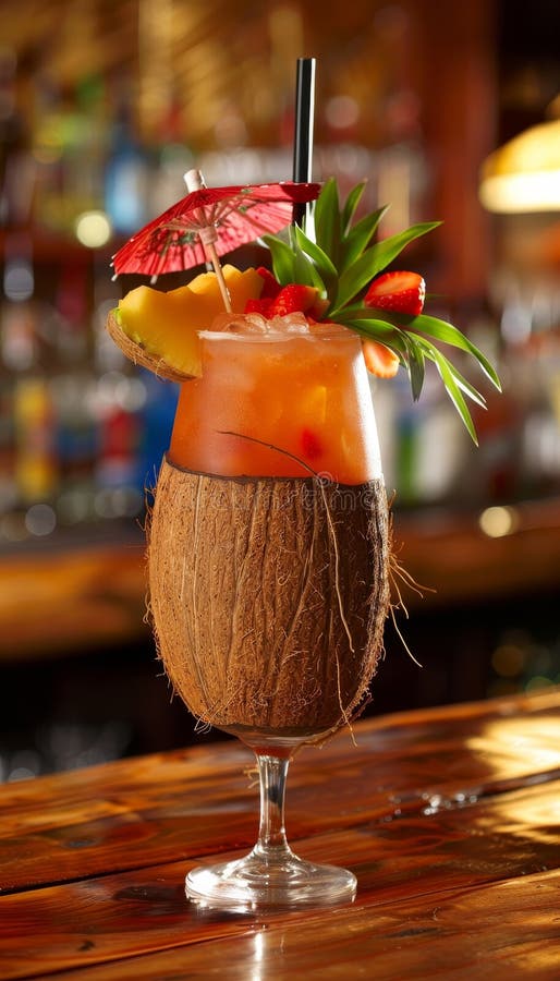 Exotic Tropical Fruit Cocktail in a Coconut Shell Served with Ice for a ...