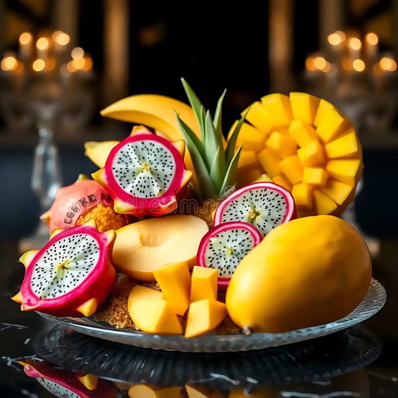 Exotic Tropical Fruit Platter Displayed Elegantly Stock Illustration ...