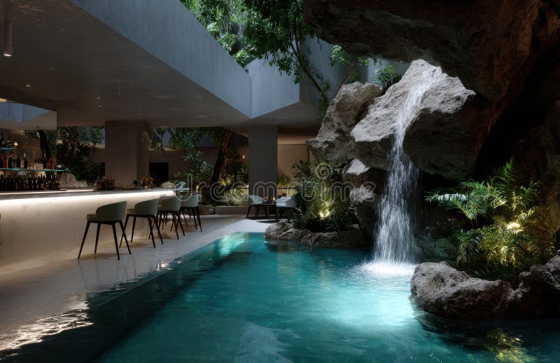 Underground Jungle Bar Interior with Waterfall and Rocks Stock ...