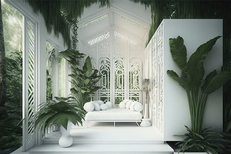 Exotic White Studio for Rest in Jungle Interior Design Stock ...