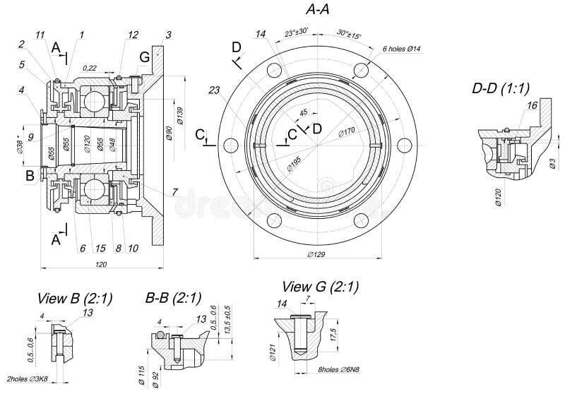 Expanded Bearing Sketch. Engineering Drawing Stock Vector ...
