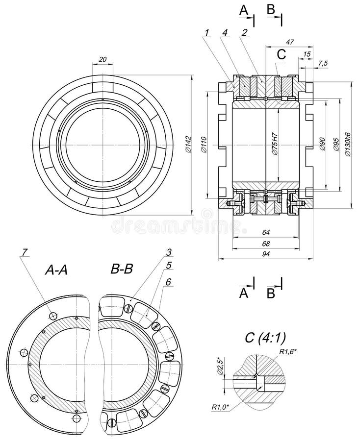 Expanded Bearing Sketch. Engineering Drawing Stock Vector ...