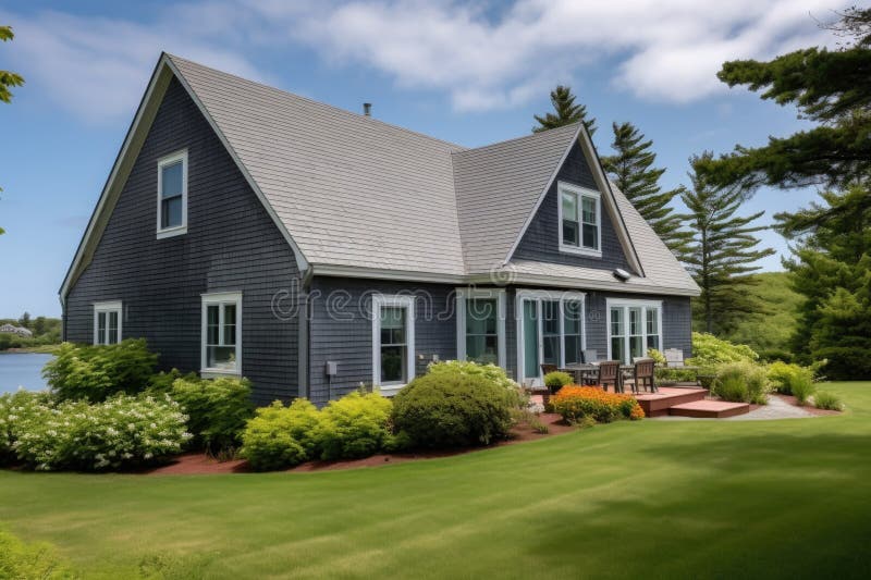 Expanded Cape Cod House with a Slate Grey Roof Stock Photo - Image of ...