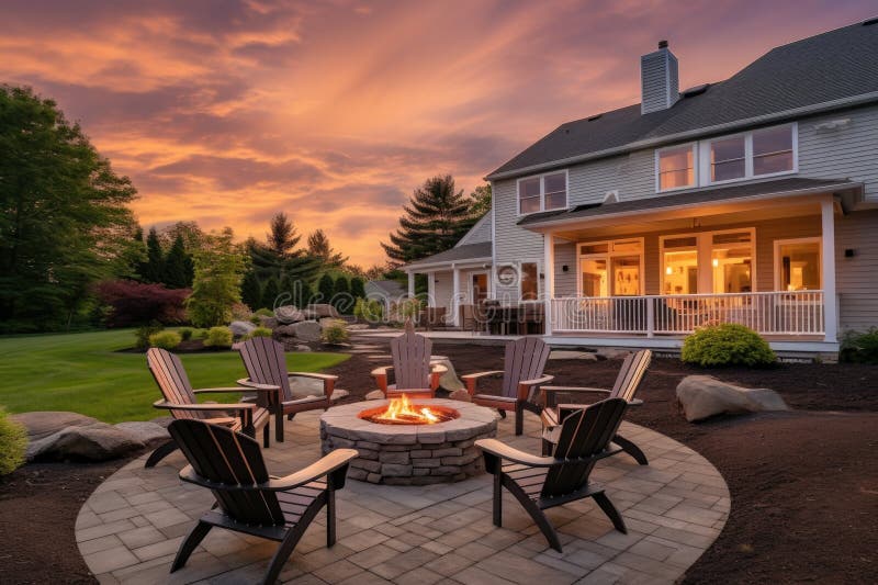 Expanded Cape Cod with a Stone Patio and Fire Pit Stock Photo - Image ...