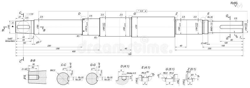 Expanded Shaft Sketch with Chamfers and Hatching Stock Vector ...