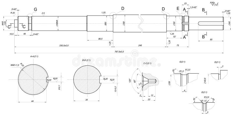 Expanded Shaft Sketch with Element Sections Stock Vector - Illustration ...