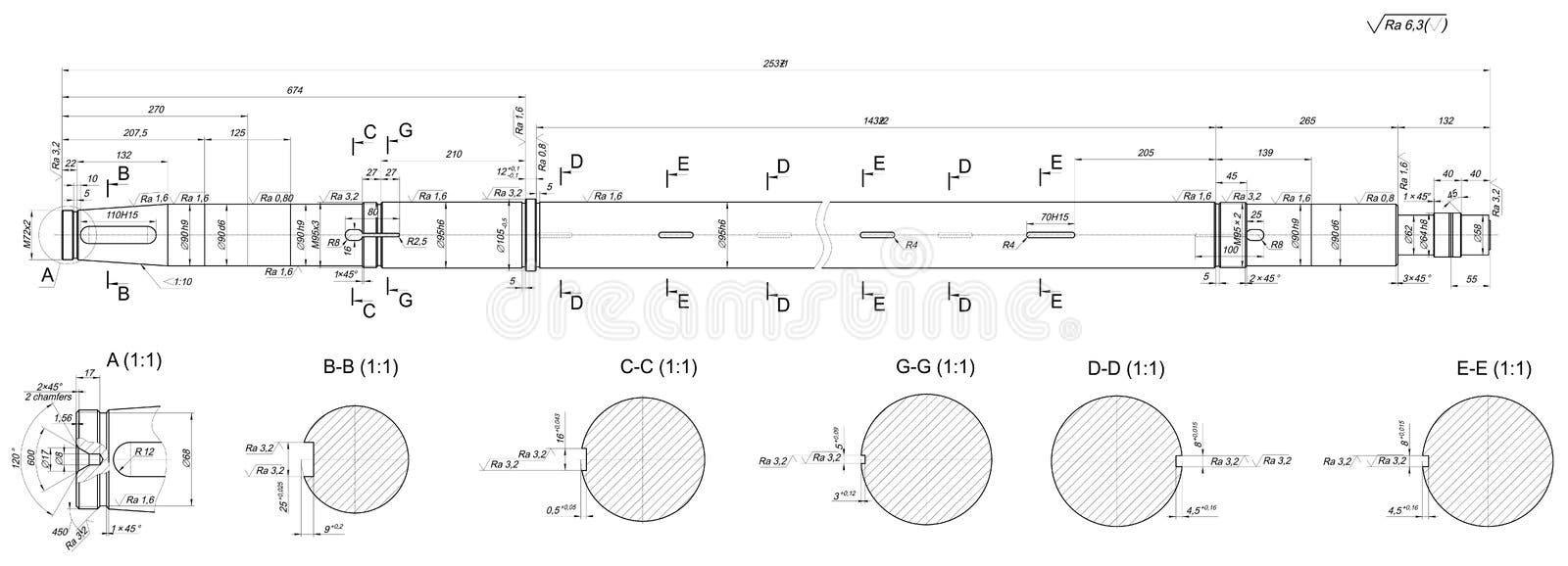 Expanded Shaft Sketch with Threads Stock Vector - Illustration of ...