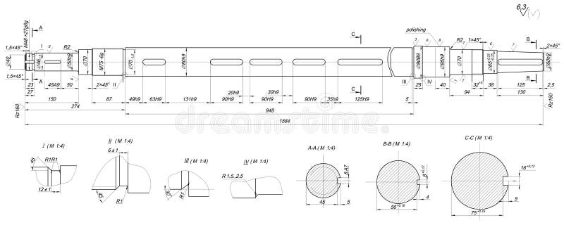 Expanded Shaft Sketch with Radius and Polishing Stock Vector ...