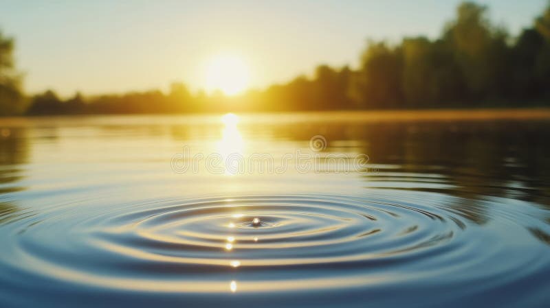 Concentric Ripples Expanding on Calm Water at Sunset, Creating a ...