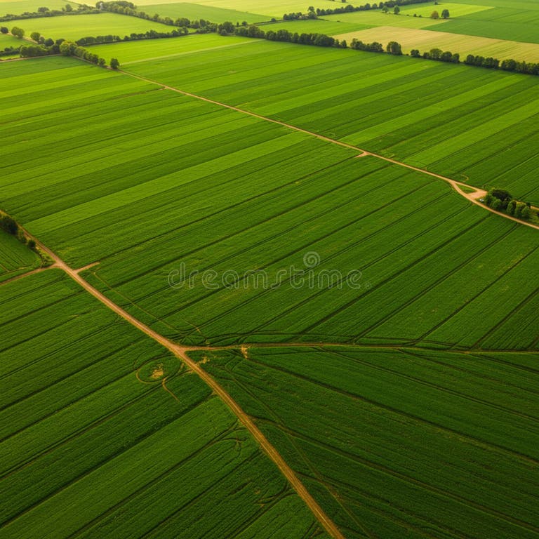 Expansive Aerial View of Lush, Green Agricultural Fields Divided into ...