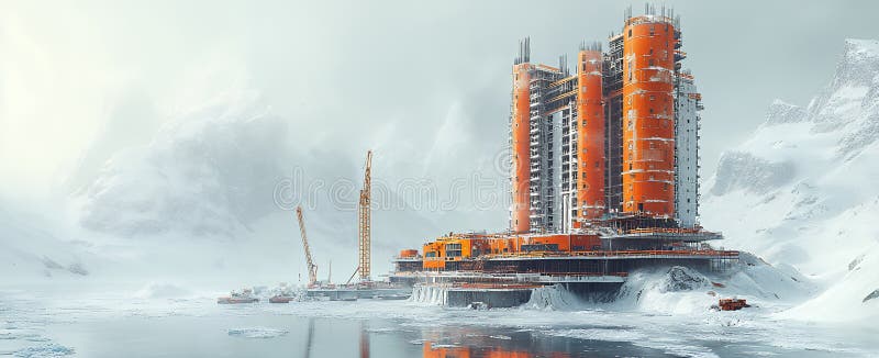 Expansive Arctic Construction Site Surrounded by Snowy Mountains and ...