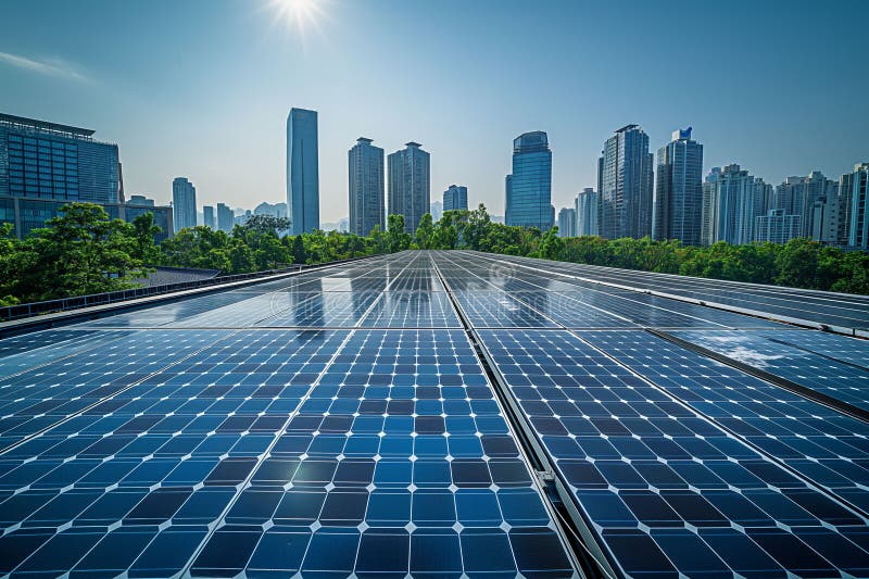 Expansive Array of Solar Panels, City Skyline Under a Clear Blue Sky ...