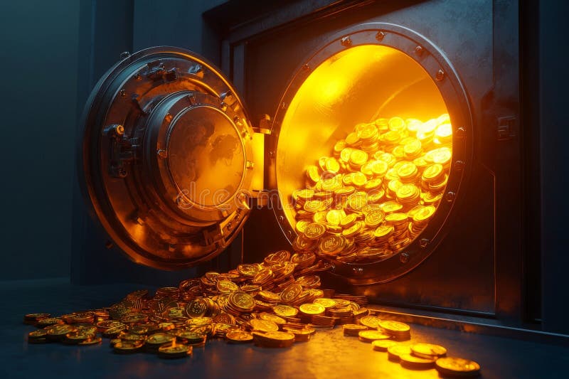 An Expansive Bank Vault, Wide Open, Containing Stacks of Gold Coins and ...