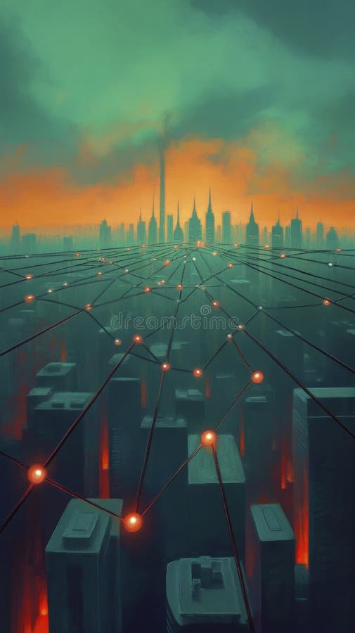 Expansive City Skyline with Network Connections Stock Image - Image of ...