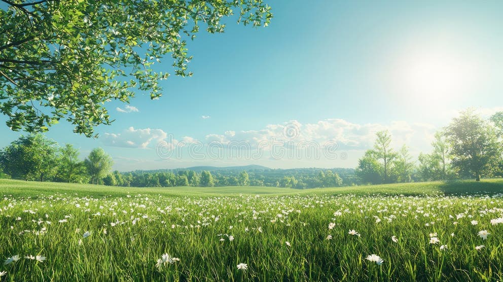 Expansive 3D Grassy Meadow stock illustration. Illustration of idyllic ...