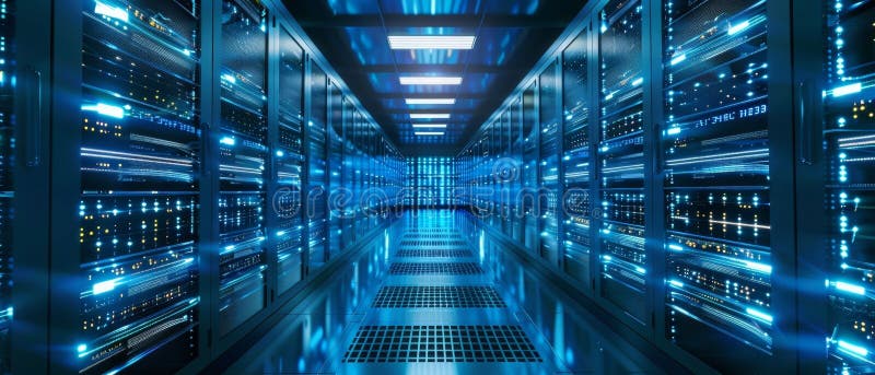 An Expansive Data Center Aisle Illuminated by a Captivating Blue Light ...