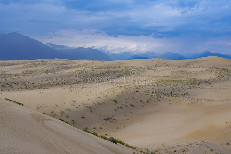 Expansive Desert Dunes Under a Dramatic Sky with Distant Mountains ...