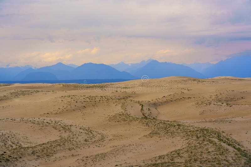 Expansive Desert Dunes Under a Dramatic Sky with Distant Mountains ...