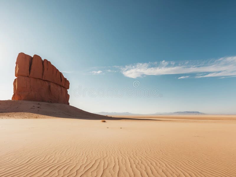 Expansive Desert Landscape Featuring a Large Rock Formation Under a ...